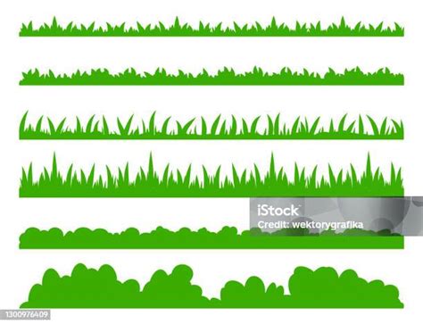 잔디 세트 간단한 녹색 잔디 테두리 컬렉션 초원 이나 정원 디자인에 대 한 좋은 봄 또는 여름 단풍 필드 흰색 배경에 격리된 벡터 플랫 일러스트레이션입니다 0명에 대한 스톡