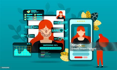 평면 만화 캐릭터입니다 벡터 일러스트 레이 션에 대 한 기술 보안 미래 얼굴을 스캔 하 여 로그인을 시도 하는 여자 스마트