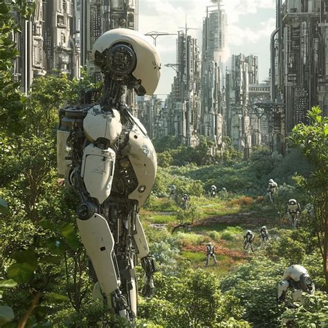 robot utopia with a serene park robots maintaining artificial greenery