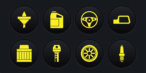 자동차 에어 필터 거울 리모컨이 있는 키 휠 스티어링 모터 오일용 캐니스터 점화 플러그 및 깔때기 및 드롭 아이콘을 설정합니다 벡터 가솔린에 대한 스톡 벡터 아트 및 기타
