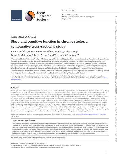 Pdf Sleep And Cognitive Function In Chronic Stroke A Comparative