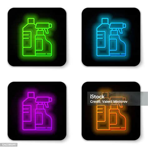 세탁 세제 표백제 식기 세척액 또는 흰색 배경에 격리 된 다른 세제 아이콘을위한 빛나는 네온 라인 플라스틱 병 검은 색 사각형 버튼 벡터 일러스트레이션 가사 집안일에 대한