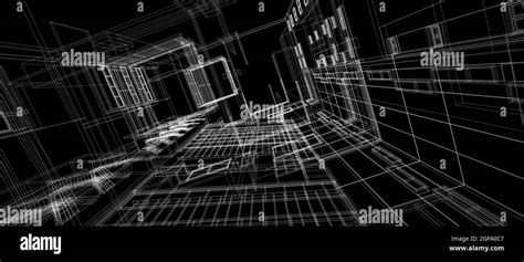 Architecture Building Space Design Concept 3d Perspective White Wire Frame Rendering Black