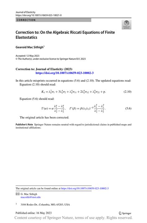 Correction To On The Algebraic Riccati Equations Of Finite Elastostatics