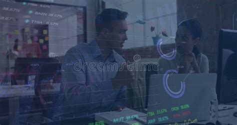 Image Of Stock Market Data Processing Against Diverse Man And Woman Discussing At Office Stock