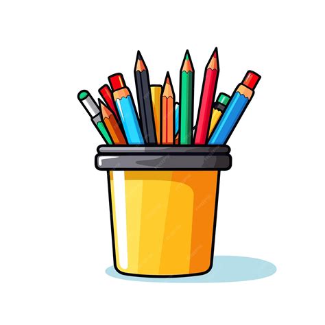 A Container Of Colored Pencils With A Yellow Container With A Blue Top