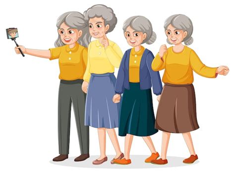 셀카를 찍는 시니어 여성 그룹 무료 벡터