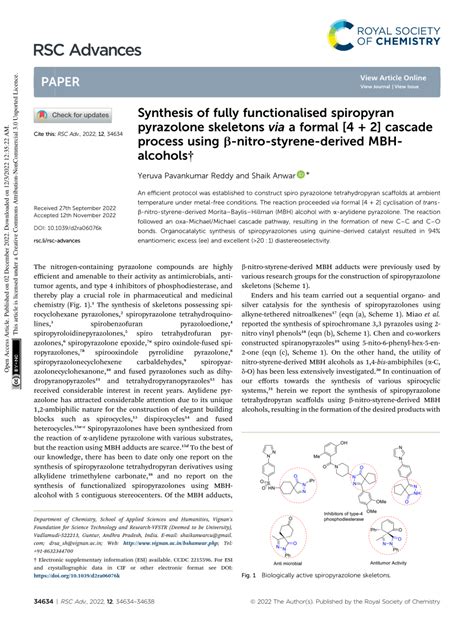 Pdf Synthesis Of Fully Functionalised Spiropyran Pyrazolone Skeletons Via A Formal [4 2