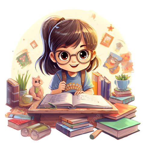 Linda Ilustraci N De Dibujos Animados De Ni A Leyendo Y Estudiando Png