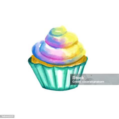 하얀 배경에 분리된 신선하고 달콤한 무지개 컵케이크를 위한 수채화와 그림 수제 빵집 디저트 및 음식 삽화의 디지털 그림 거품 내기에 대한 스톡 벡터 아트 및 기타 이미지