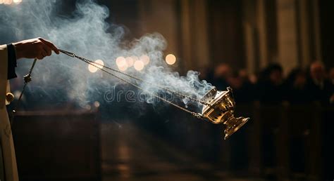 Priest Swinging Incense Censer With Smoke In Church Ceremony Stock