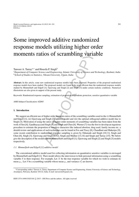 Pdf Some Improved Additive Randomized Response Models Utilizing Higher Order Moments Ratios Of