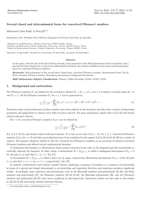 Pdf Several Closed And Determinantal Forms For Convolved Fibonacci
