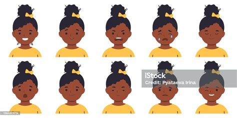 어린이 아바타 세트 아프로 소녀 다른 감정 흰색 배경에서 격리된 플랫 벡터 그림입니다 아기에 대한 스톡 벡터 아트 및 기타 이미지 Istock