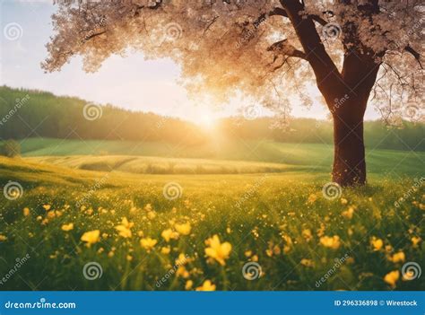 A Beautiful Sunset In The Middle Of Spring With The Sun Shining Behind A Large Tree Stock