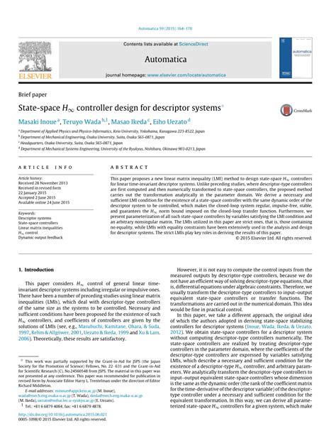 Pdf State Space H∞ Controller Design For Descriptor Systems