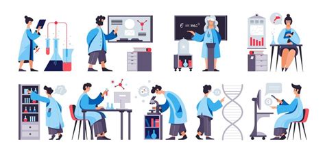 과학 실험실 전자 현미경 연구 칠판 프레 젠 테이 션 테스트 튜브 실험 Dna 분자 평면 색상 설정 벡터 일러스트 레이 션 무료 벡터