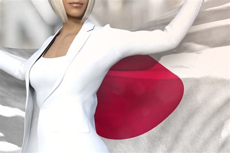 예쁜 비즈니스 우먼 사무실 건물 배경깃발 개념 3d 그림에 그녀의 뒤에 손에 일본 국기를 들고 3차원 형태에 대한 스톡 사진 및 기타 이미지 Istock