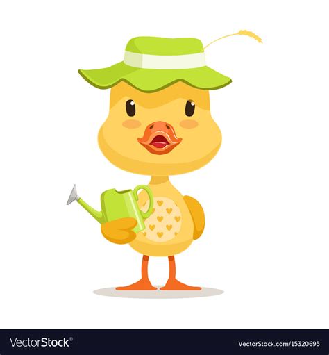 Little Cartoon Duckling Wearing Green Hat Standing