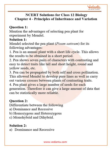 Ncert Solutions Class 12 Biology Principles Of Inheritance And