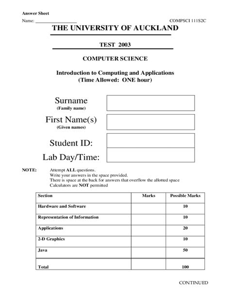 Fillable Online Answer Sheet Name COMPSCI 111 S2C THE Fax Email