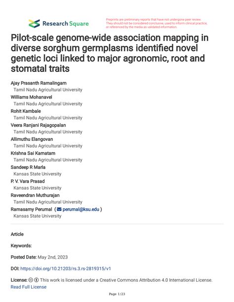 Pdf Pilot Scale Genome Wide Association Mapping In Diverse Sorghum Germplasms Identified Novel