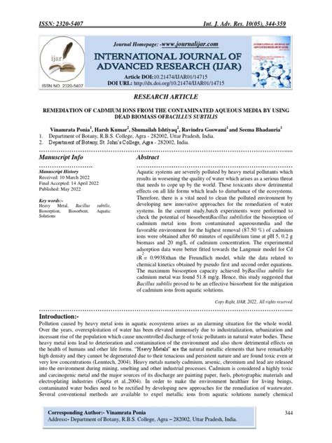 Remediation Of Cadmium Ions From The Contaminated Aqueous Media By Using Dead Biomass Ofbacillus