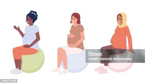 출산 공 세미 플랫 컬러 벡터 캐릭터 팩을 사용하는 임산부 임신에 대한 스톡 벡터 아트 및 기타 이미지 임신 여자 앉음 Istock