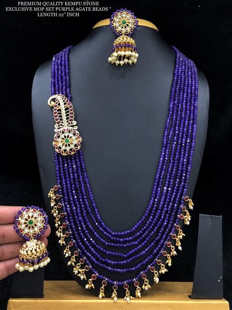 Stunning Multilayer Facet Bead Paisley Motif Haram Set In Green Purple And White Variation