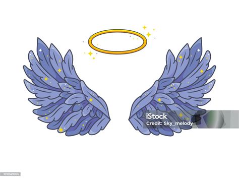 한 쌍의 황금 후광 또는 후광 천사 날개를 확산 반짝이 별과의 깊은 보라색 깃털 마법의 판타지 개념입니다 벡터 일러스트 레이 션 고딕 양식에 대한 스톡 벡터 아트 및 기타
