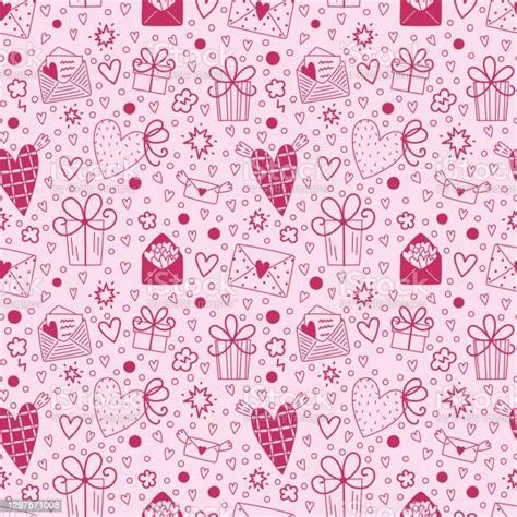 핑크와 마젠타 색상의 낙서 스타일로 벡터 매끄러운 사랑 패턴 하트 러브 레터 봉투 선물 상자 색종이가있는 발렌타인 데이 축제