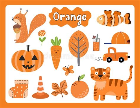 set of orange color objects primary colors flashcard with orange