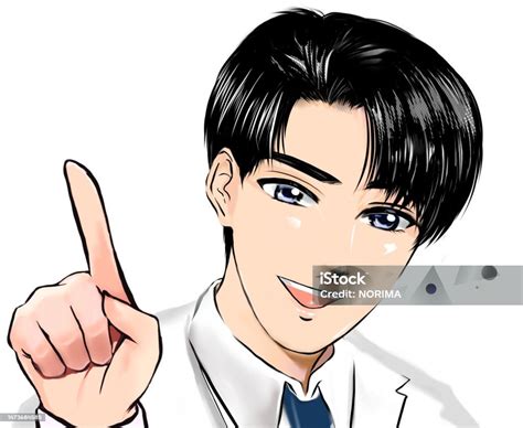 잘생긴 검은 머리의 의사가 환자를 가리키고 지시하는 컬러 만화 그림 흰색 배경 20 29세에 대한 스톡 벡터 아트 및 기타 이미지 20 29세 가리키기 간호사