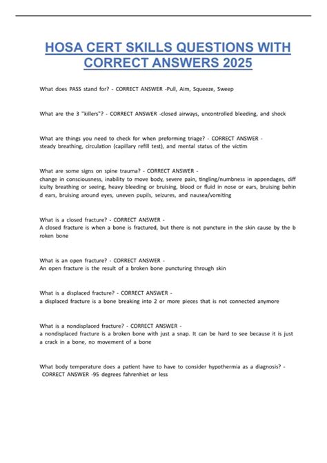 Hosa Cert Skills Questions With Correct Answers 2025 Hosa Stuvia Us
