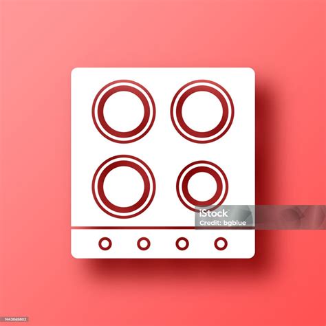 전기 스토브 평면도 그림자가 있는 빨간색 배경의 아이콘 가열장치에 대한 스톡 벡터 아트 및 기타 이미지 가열장치