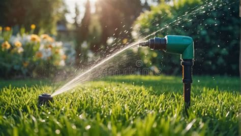 Automatic Lawn Watering System Green Summer Outdoor Gardening Wet Growth Stock Illustration