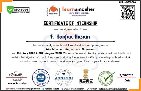 Hanfan Husain On Linkedin Machinelearninginternship Certificateaccomplishment Learnsmasher