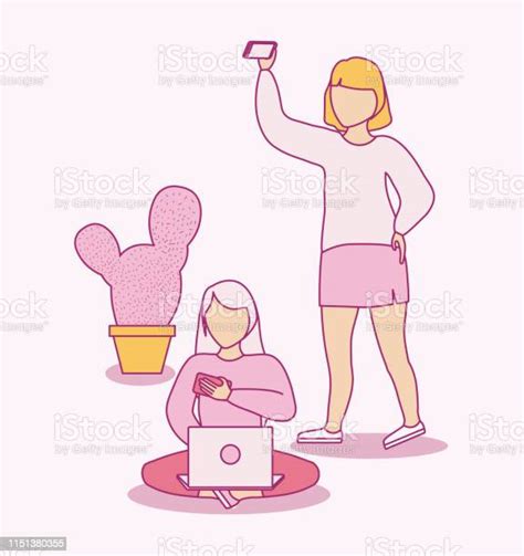 스마트폰 및 랩톱 컴퓨터를 사용 하 여 셀 카를 찍는 그룹 여성 개념에 대한 스톡 벡터 아트 및 기타 이미지 개념 개체 그룹 날씨 Istock