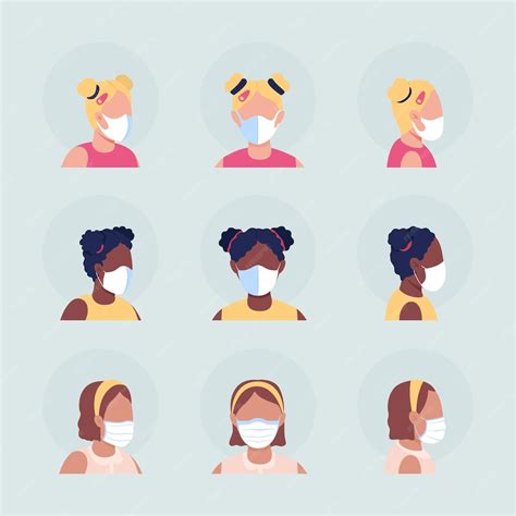 어린이 세미 플랫 컬러 벡터 캐릭터 아바타 세트를 위한 얼굴 마스크 전면 및 측면 보기에서 인공 호흡기와 초상화입니다 그래픽 디자인 및 애니메이션 팩을 위한 격리된 현대