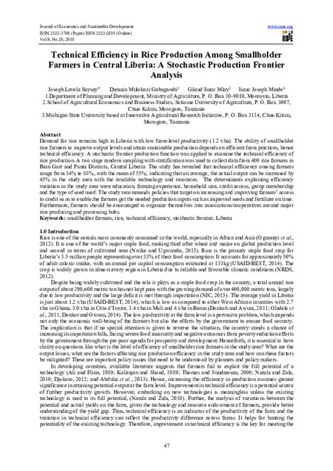 Pdf Technical Efficiency In Rice Production Among Smallholder Farmers In Central Liberia A