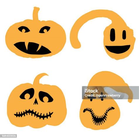 할로윈 얼굴과 캐릭터가 있는 호박의 실루엣 세트 할로윈 호박 컬렉션 모양 눈 코 감정 소름 끼치고 으스스한 요소 장식 벡터 10월에 대한 스톡 벡터 아트 및 기타 이미지