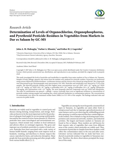 Pdf Determination Of Levels Of Organochlorine Organophosphorus And