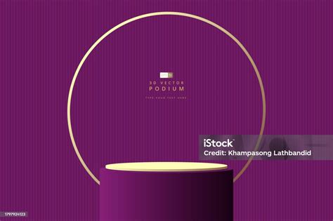 추상 럭셔리 보라색 골드 3d 실린더 연단 받침대는 황금 반지 모양과 수직 배경으로 사실적입니다 모형을 위한 최소한의 벽 장면 쇼케이스를 위한 무대 3d 벡터 기하학적