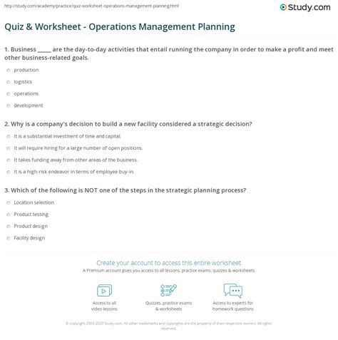 Quiz Worksheet Operations Management Planning Study Com