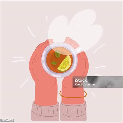 보라색 손톱을 가진 여성의 손의 벡터 일러스트 레이 션은 보라색 배경 평면도에 차 한 잔을 들고 있습니다 가을에 대한 스톡 벡터 아트 및 기타 이미지 Istock