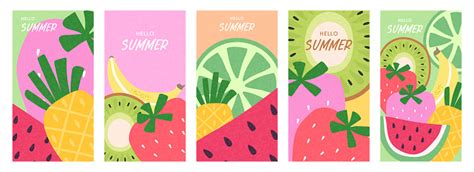 안녕하세요 여름입니다 여름 포스터 표지 수박 레몬 딸기 파인애플 키위를 곁들인 엽서 컬렉션 개념에 대한 스톡 벡터 아트 및 기타 이미지 Istock