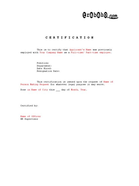 Employment Certification Template Pdf Career And Growth Finance