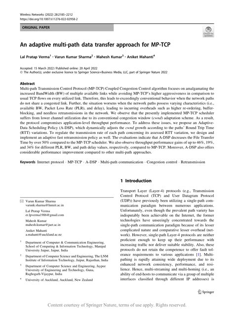 An Adaptive Multi Path Data Transfer Approach For Mp Tcp Request Pdf