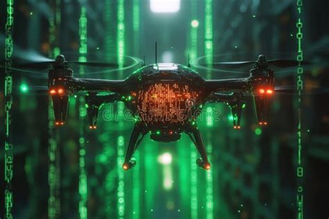 Cyber Police Surveillance High Tech Drone Scanning Cityscape With Binary Code Projections