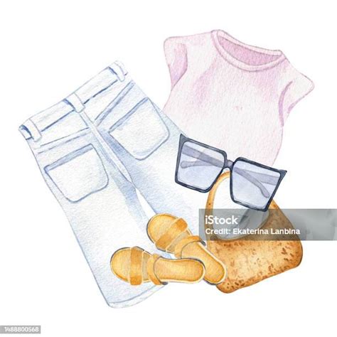 티셔츠 반바지 가방 신발 선글라스 수채화 그림의 구성은 흰색으로 분리되어 있습니다 여자의 여름 의상 손으로 그렸다 상점 판매 잡지 포장 진열장 패턴을 위한 디자인 0명에